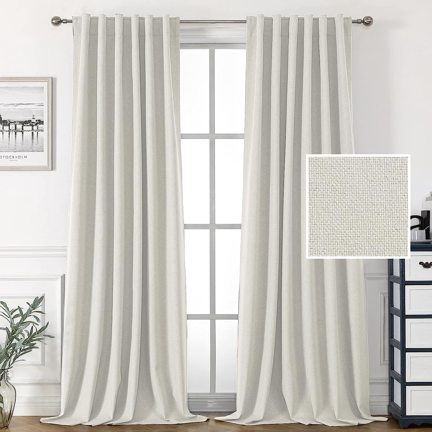100% Blackout Linen Curtains for Bedroom 96 inch Light Blocking Drapes ...