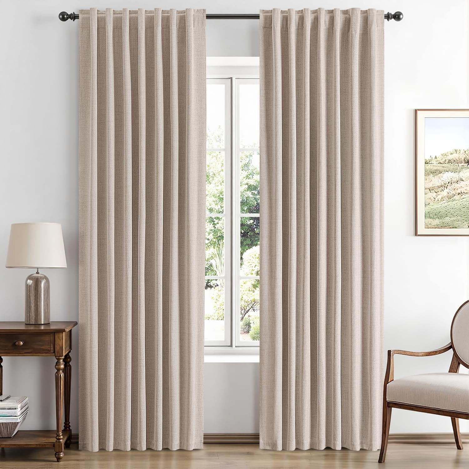 100% Blackout Linen Curtains for Bedroom, Beige Solid Luxury Thermal ...