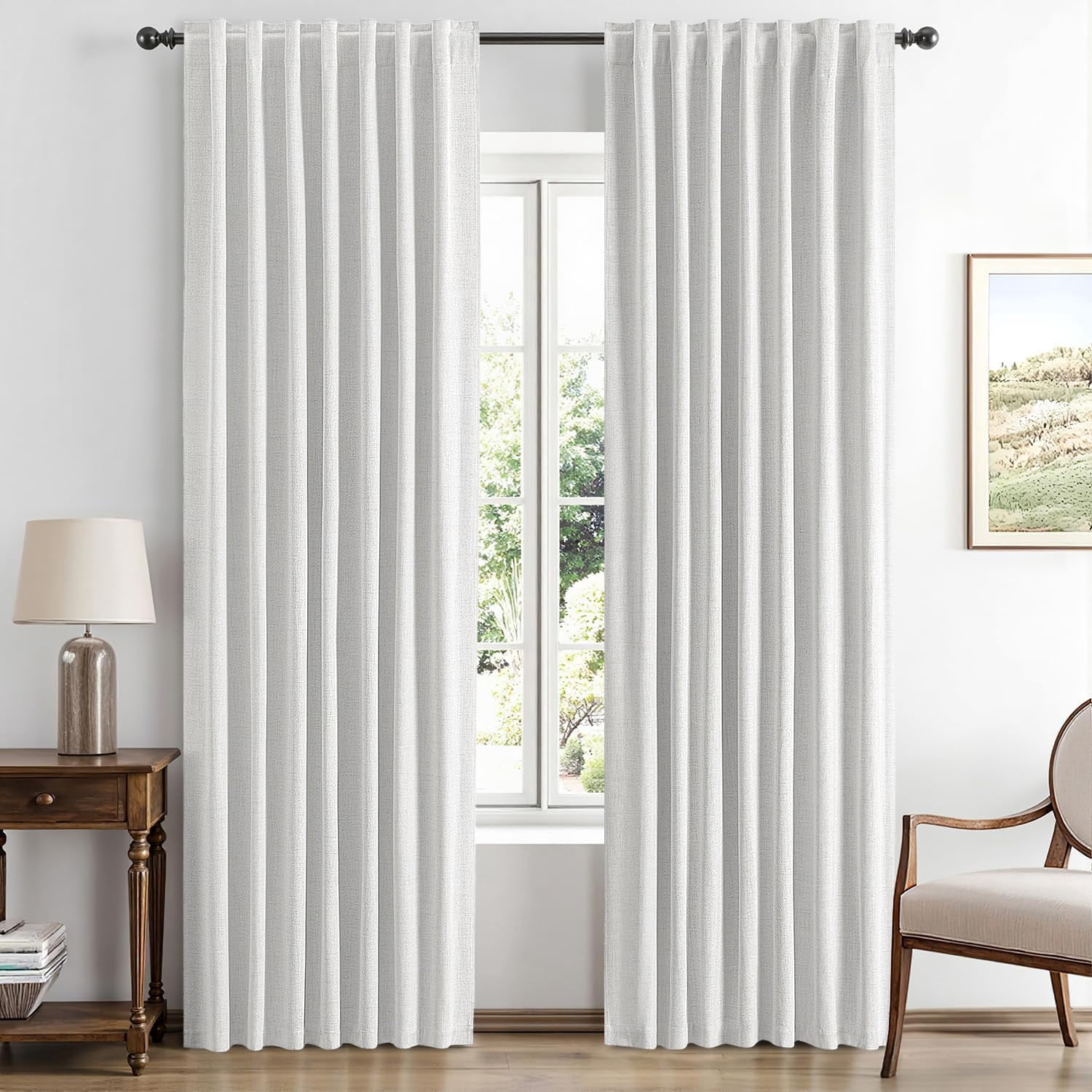 100% Blackout Linen Curtains for Bedroom, Heathered White Solid Thermal ...