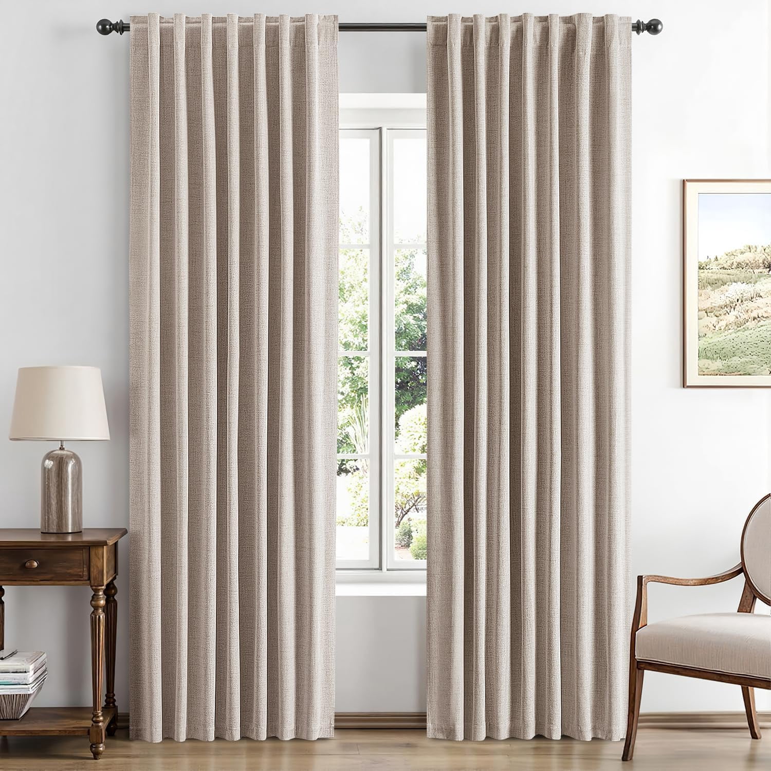 100% Blackout Linen Curtains for Bedroom, Khaki Solid Thermal ...