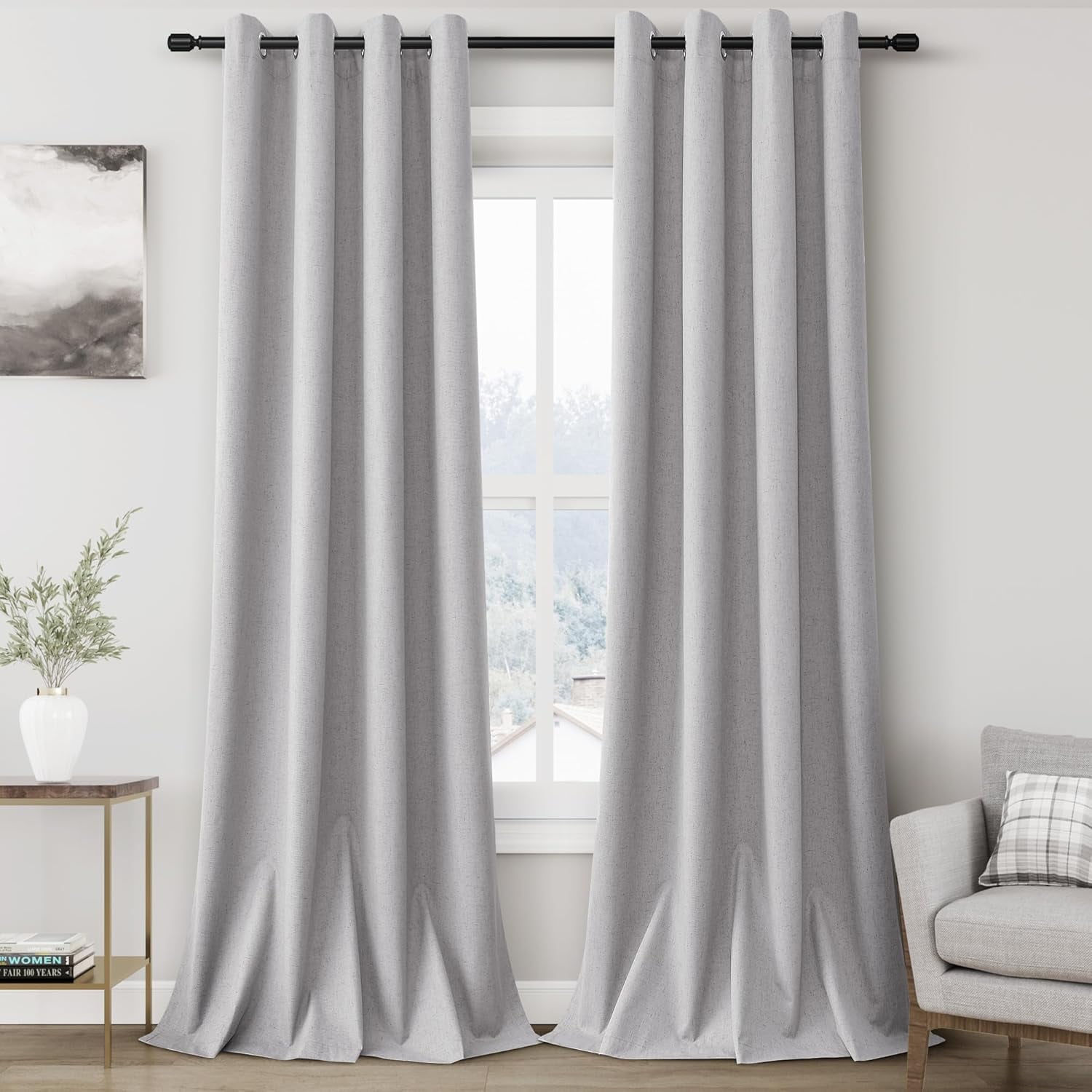 100% Blackout Linen Curtains for Bedroom Thermal Insulated Grommet ...