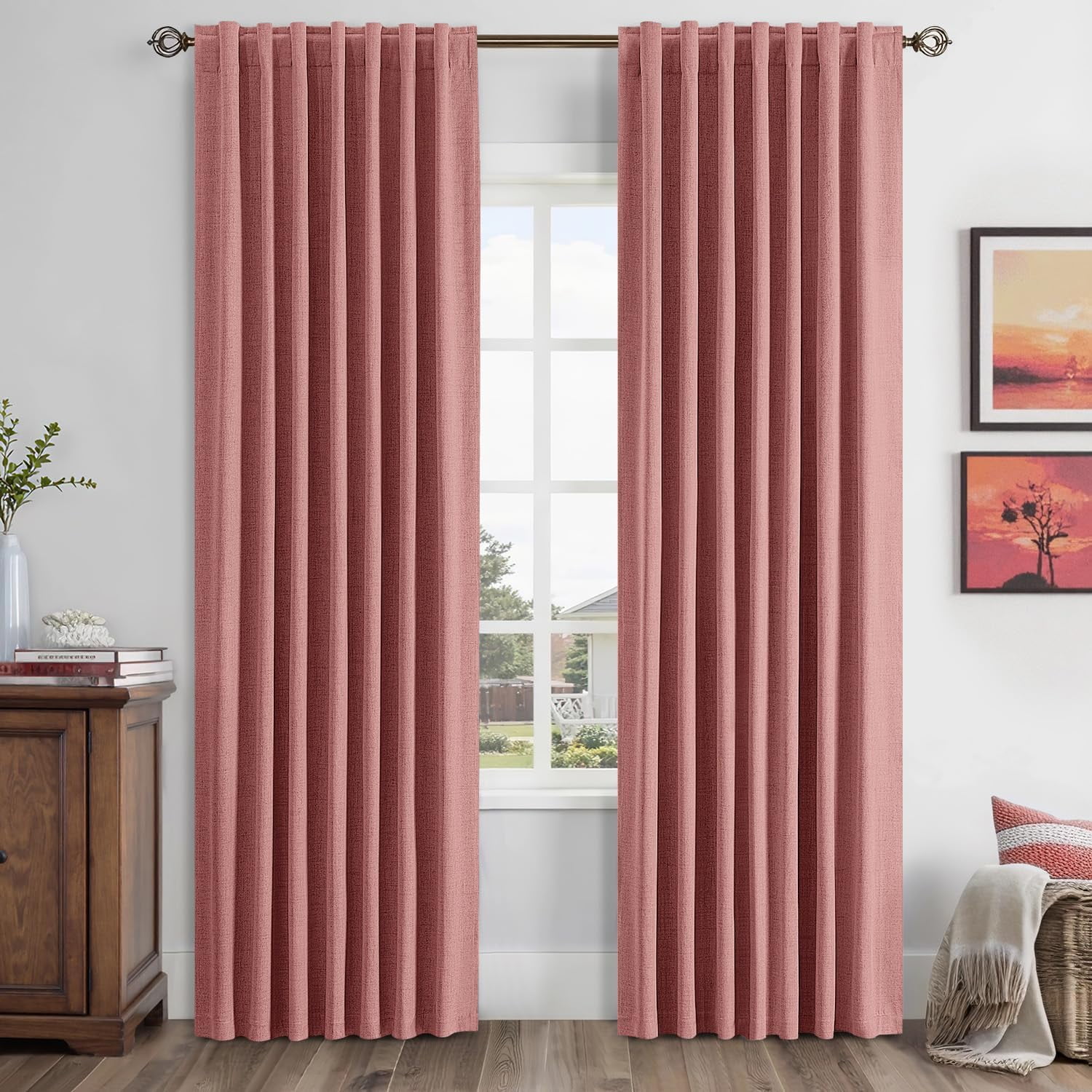 100% Blackout Linen Curtains, Dusty Rose Thermal Insulated Room ...