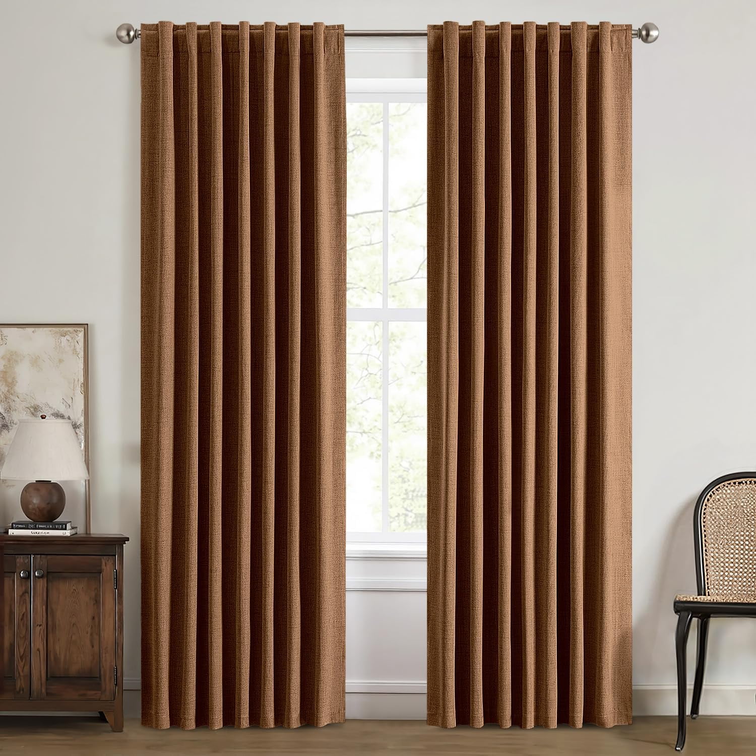 100% Blackout Linen Curtains for Bedroom, Brown Solid Luxury Thermal ...