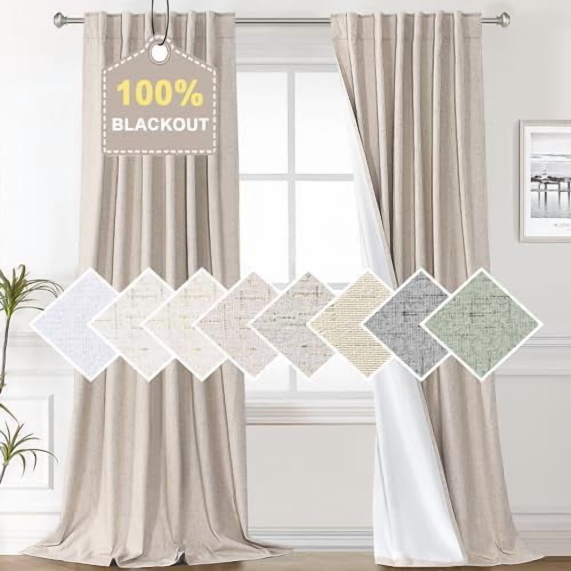 100% Blackout Linen Faux Textured Curtains for Bedroom Solid Thermal ...