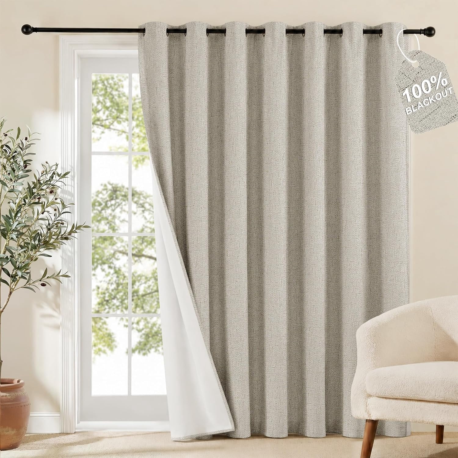 100% Blackout Linen Sliding Door Curtains with White Liner Composite ...