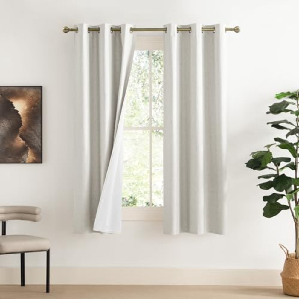 100 Blackout Linen Texture Curtains 70 inches Long Ivory 2 Pcs Thermal ...