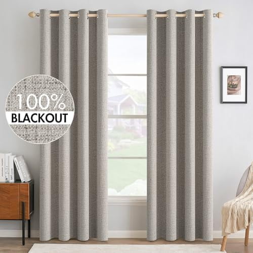 100% Blackout Linen Textured Curtains for Bedroom Solid Thermal ...