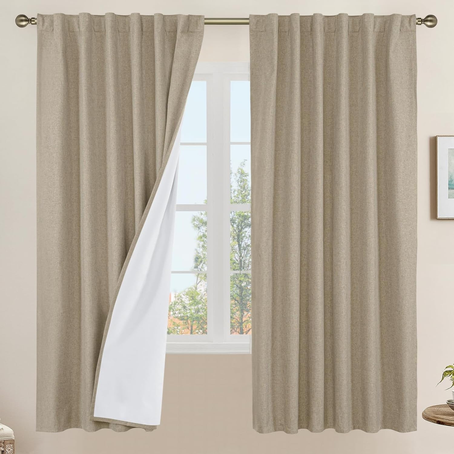 100% Blackout Natural Linen Curtains, 63 Inches Linen Textured Thermal Bedroom Curtains Back Tab ...