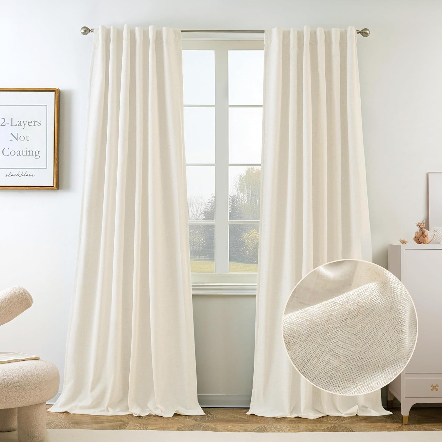 100% Blackout Natural Linen Curtains for Bedroom 96 Inches Long Double ...
