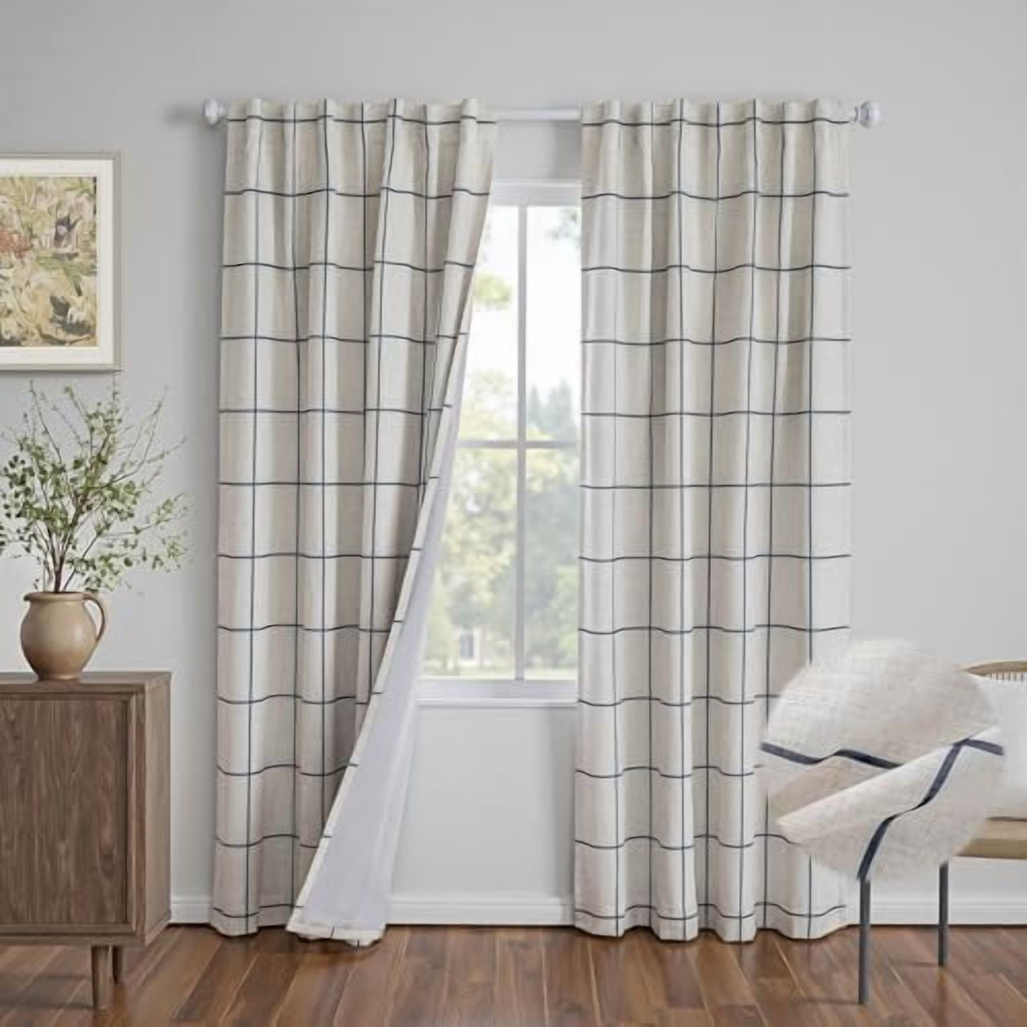 100% Blackout Navy Blue Plaid Farmhouse Linen Curtains 84 Inch Long 2 ...