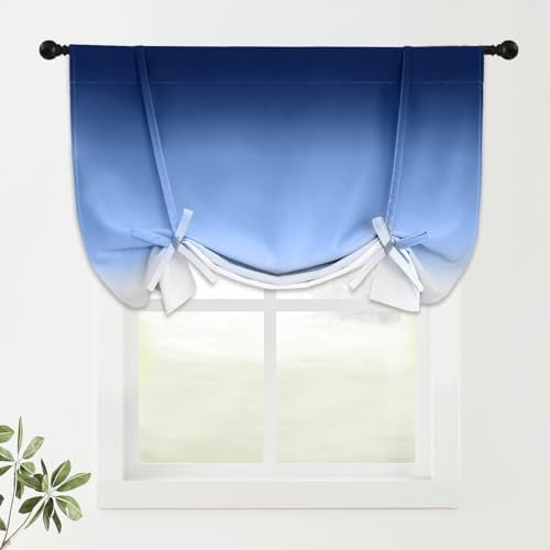 100% Blackout Ombre Blue Adjustable Tie Up Curtains for Kitchen Thermal ...