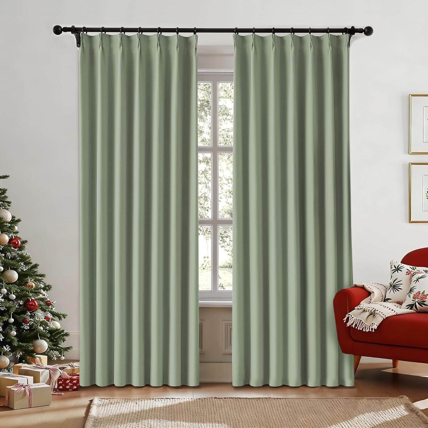 100% Blackout Pinch Pleat Curtains Sage Green 40x63 Inch, Waffle Weave ...