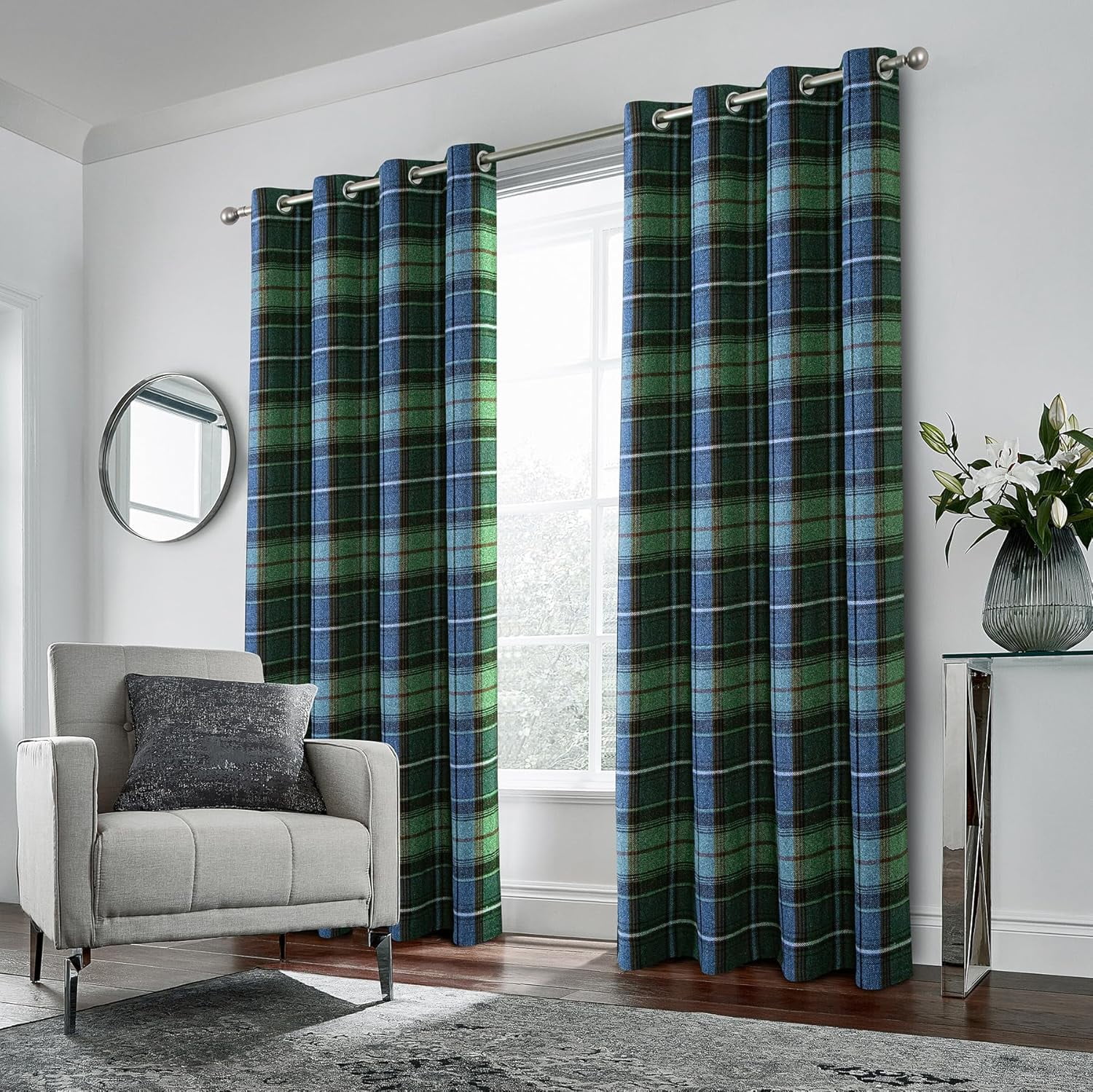 100% Blackout Plaid Curtains Modern Window Panels Blue Green Checkered ...
