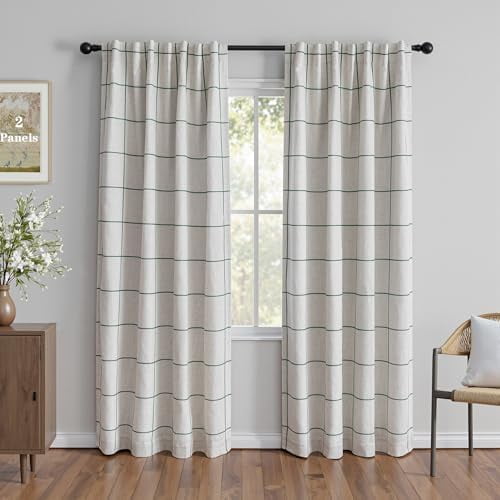 100% Blackout Plaid Farmhouse Linen Curtains 84 Inch Long 2 Panels Set ...