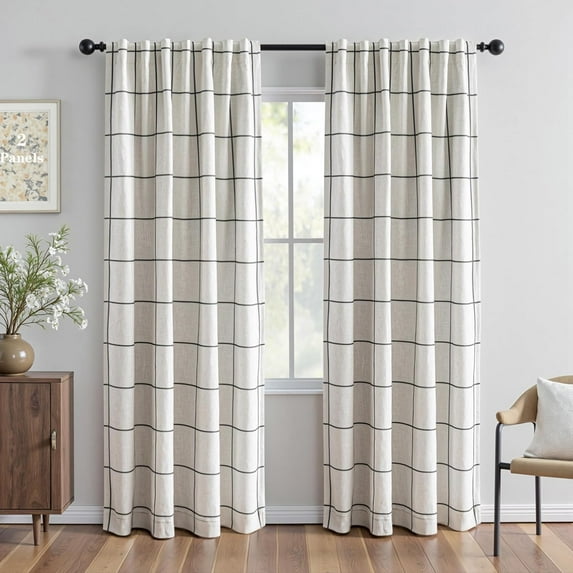 100% Blackout Plaid Farmhouse Linen Curtains 84 Inch Long 2 Panels Set ...