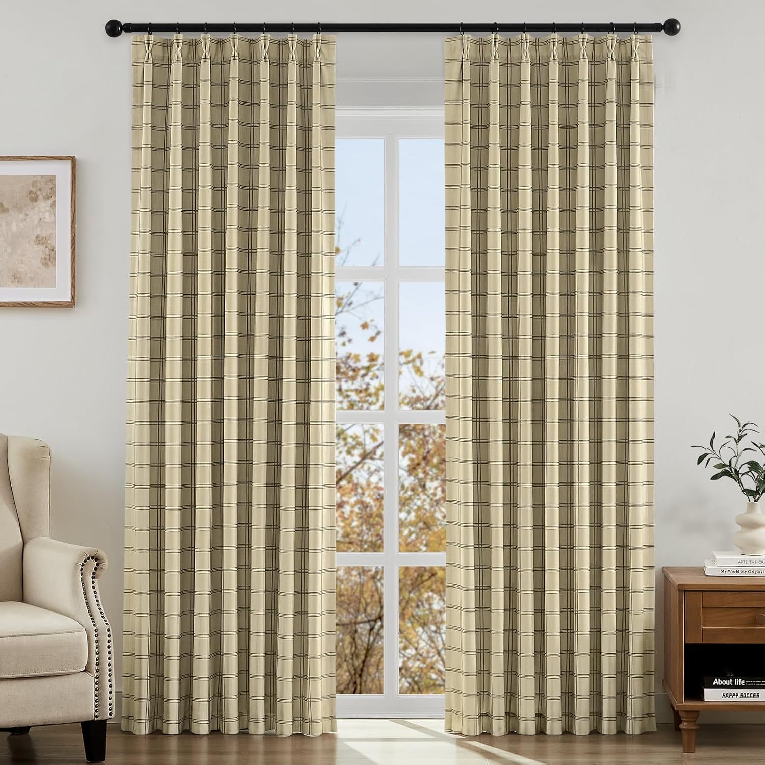 100% Blackout Plaid Pinch Pleated Curtains, Noise Reduction Thermal ...