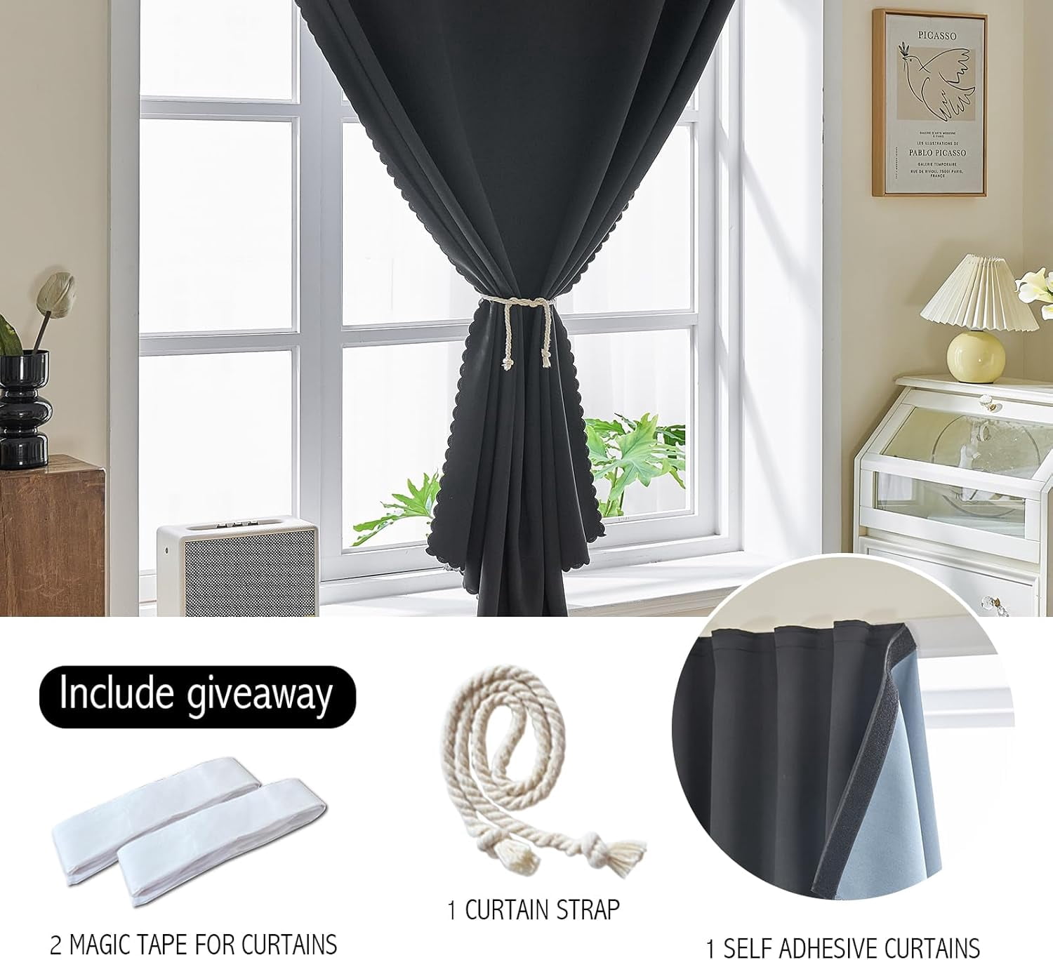 100% Blackout Shades Window Cover Self Adhesive Curtains Sticky Curtain ...