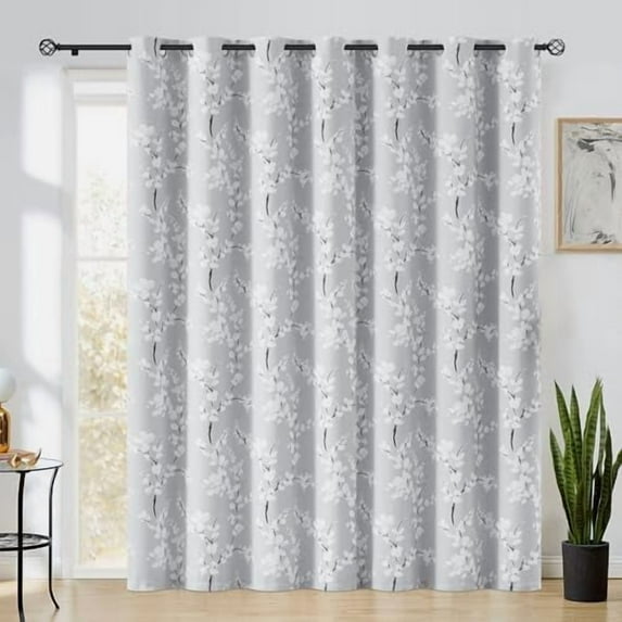 100% Blackout Sliding Door Curtains for Living Room, Grey Floral Print ...