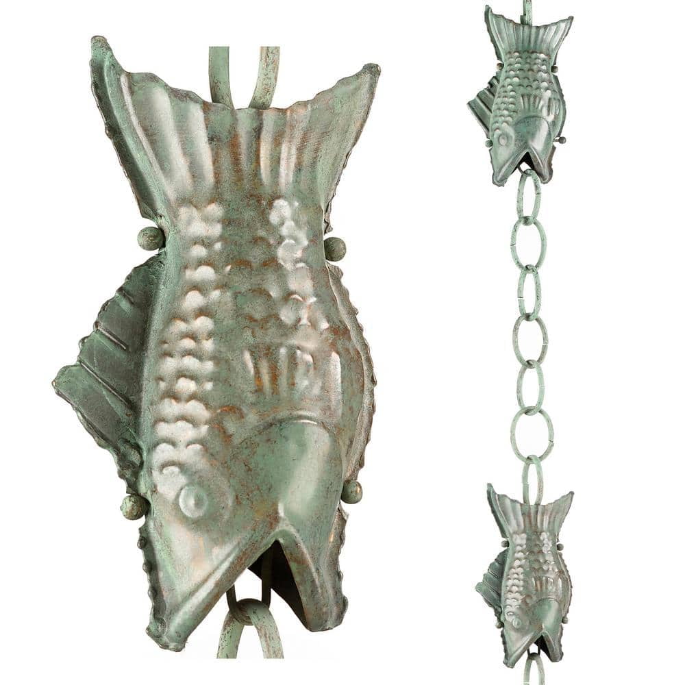 100% Blue Verde Pure Copper Fish Rain Chain, 8-1/2 ft. Long, Large Wide ...