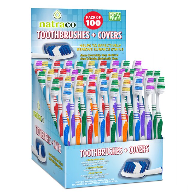 100 Bulk Toothbrushes With Hygienic Covers Individually Wrapped Multi ...
