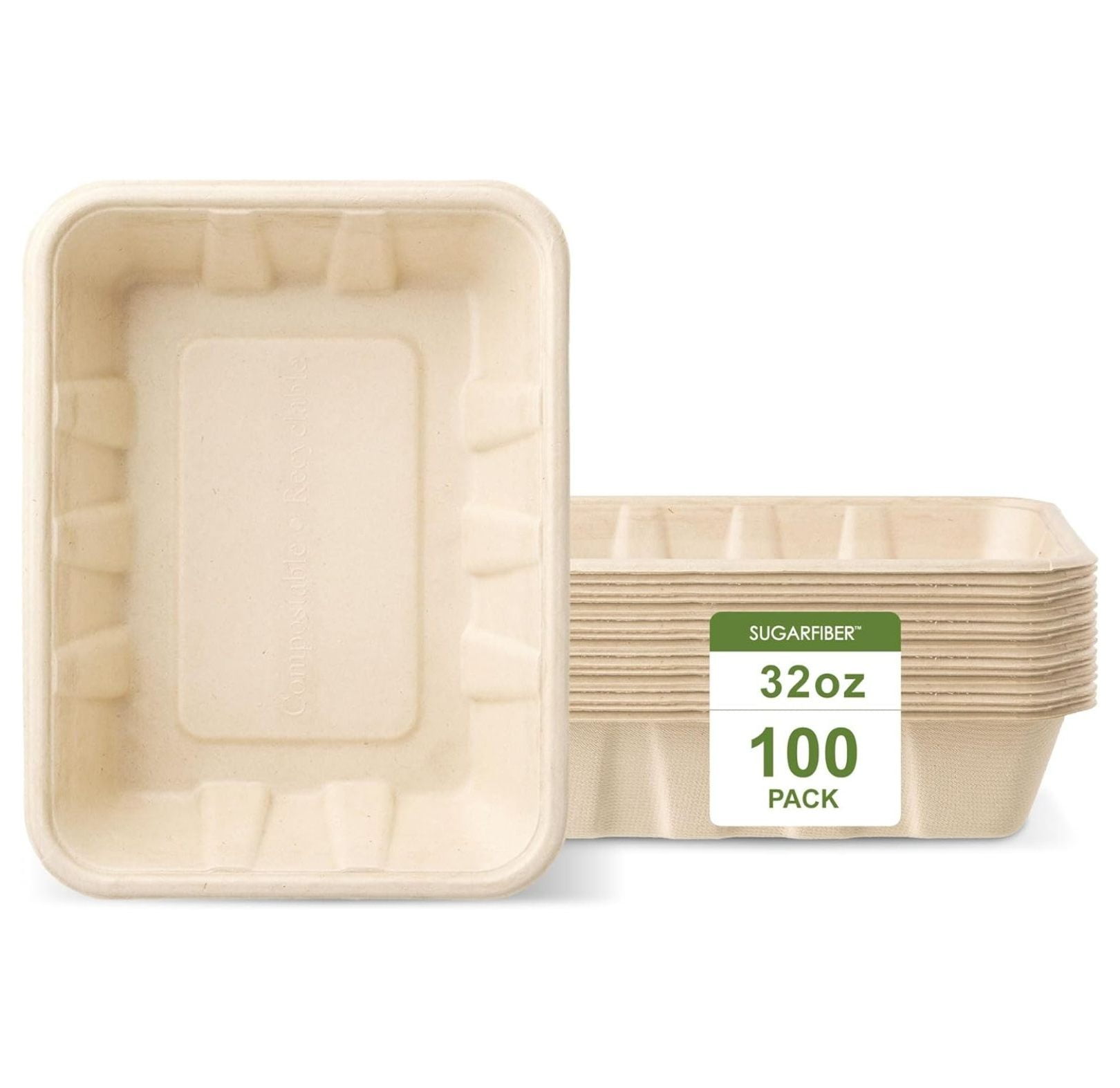 [100 COUNT]Sugarfiber by Harvest Pack 32 oz Disposable Food Trays, Compostable Disposable Food ...
