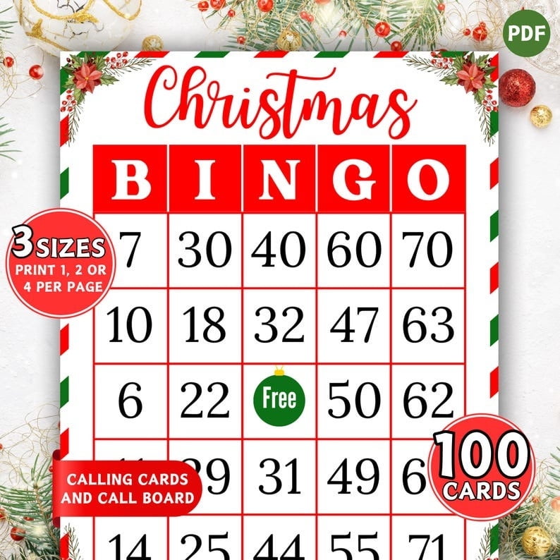 100 Christmas Bingo Cards Printable Holiday Activity Fun Family Office ...