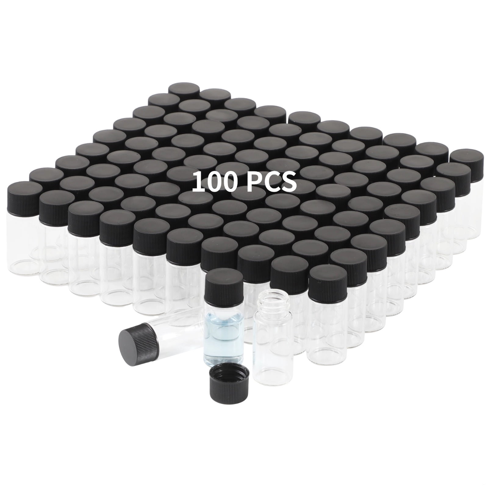 100 Clear Glass Bottles, 0.34 oz Vials with Screw Caps, Small Lab ...