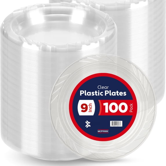 100 Clear Plastic Plates Set - 9 Inch Disposable Dinner Bulk Pack For ...