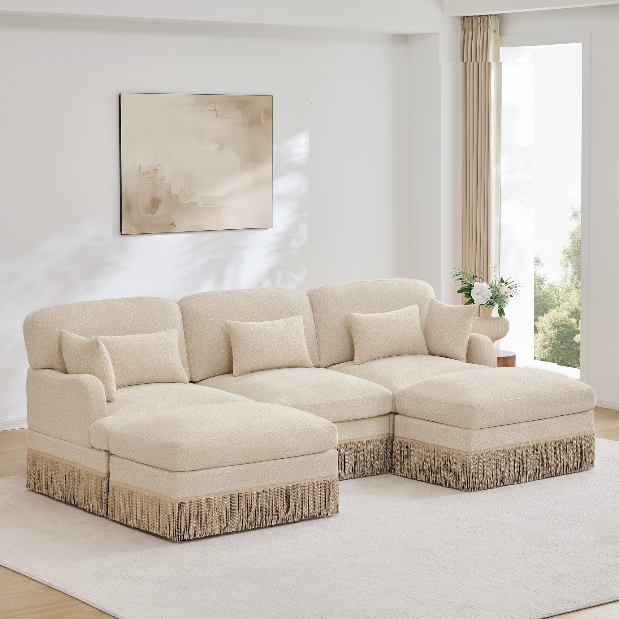 100"Comfy Chenille Leopard Printing U-Shaped Sofa,Delicate Tassel Edge ...