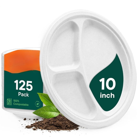 100% Compostable, 3 Compartment [10-Inch] Disposable Paper Plates [125 ...