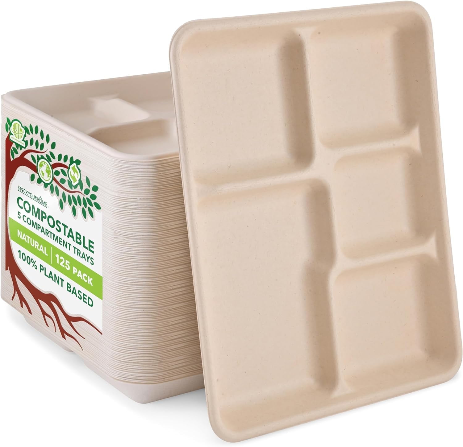 Stock Your Home Compostable 5 Compartment Plates, Disposable Divided ...