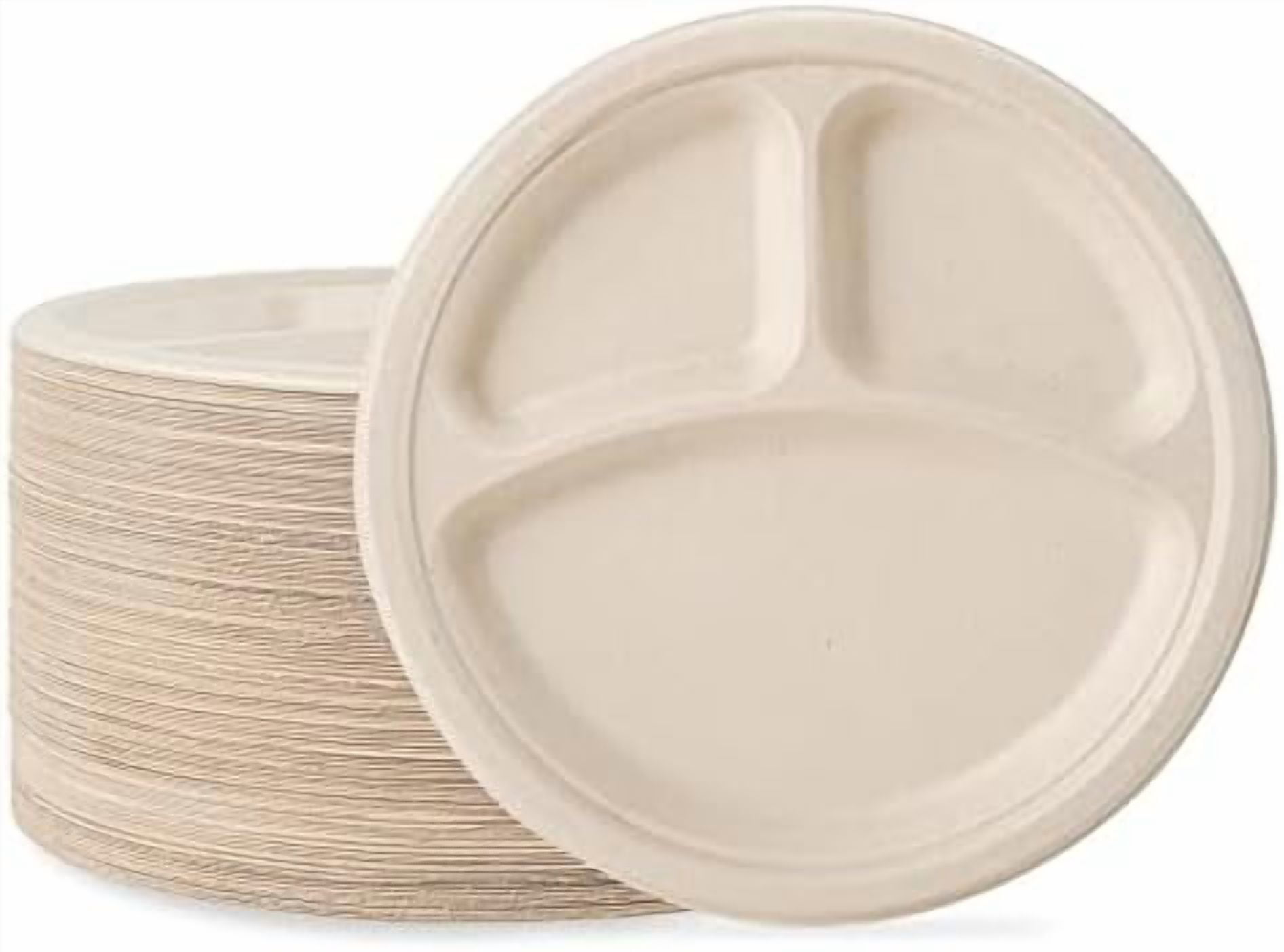 100% Compostable 5 Compartment Plates, 100 Pack Disposable Compartment ...