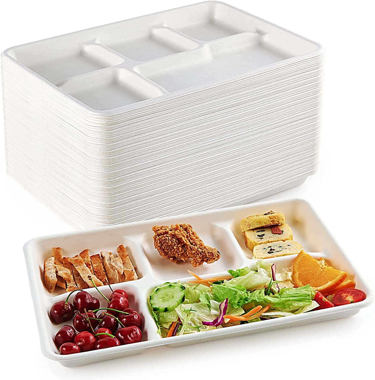 100% Compostable 5 Compartment Plates, 100 Pack Disposable Compartment ...