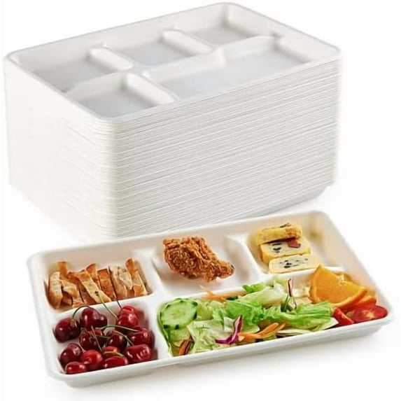 100% Compostable 5 Compartment Plates, 100 Pack Disposable Compartment ...