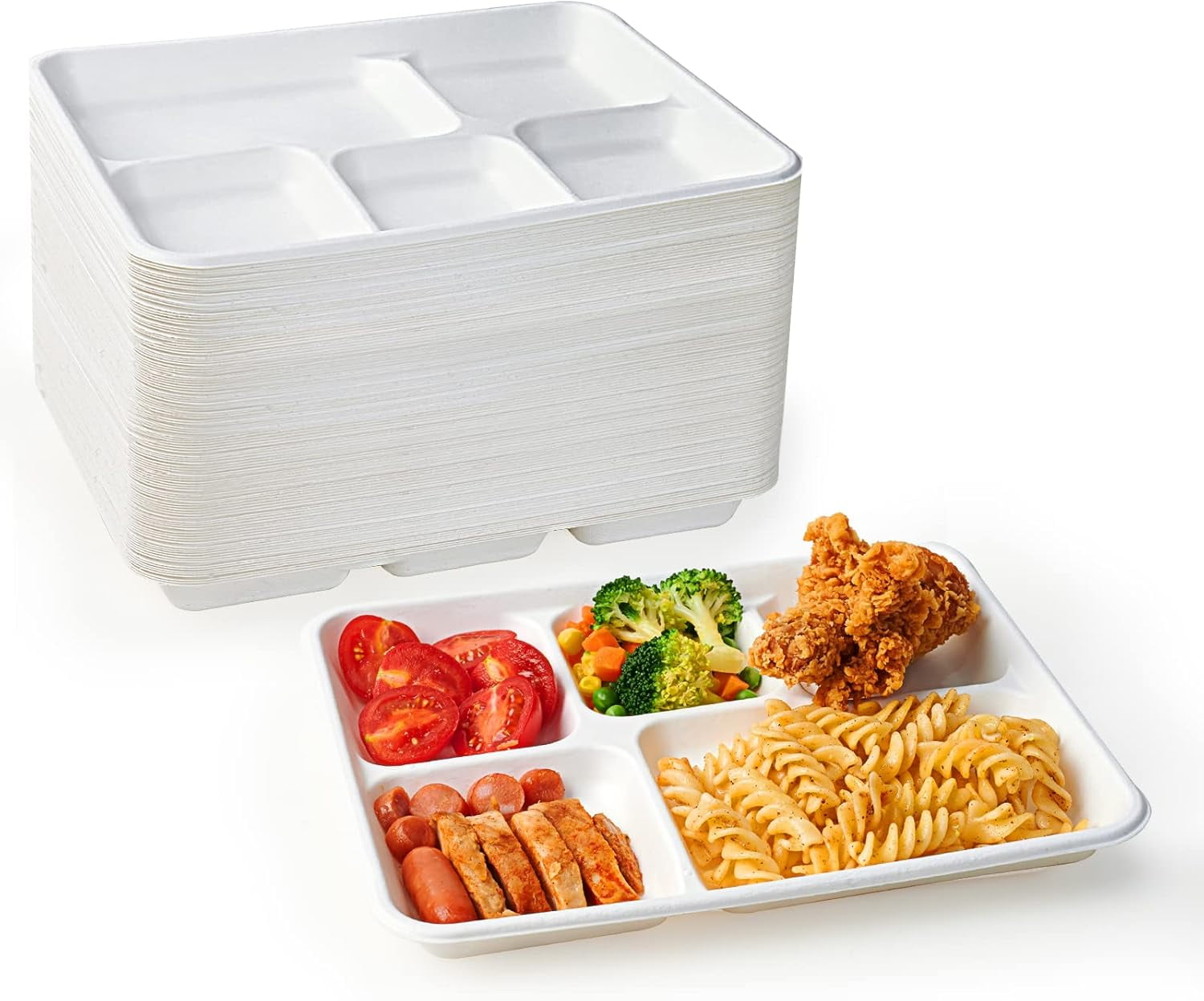 100% Compostable 5 Compartment Plates, 100 Pack Disposable Compartment ...