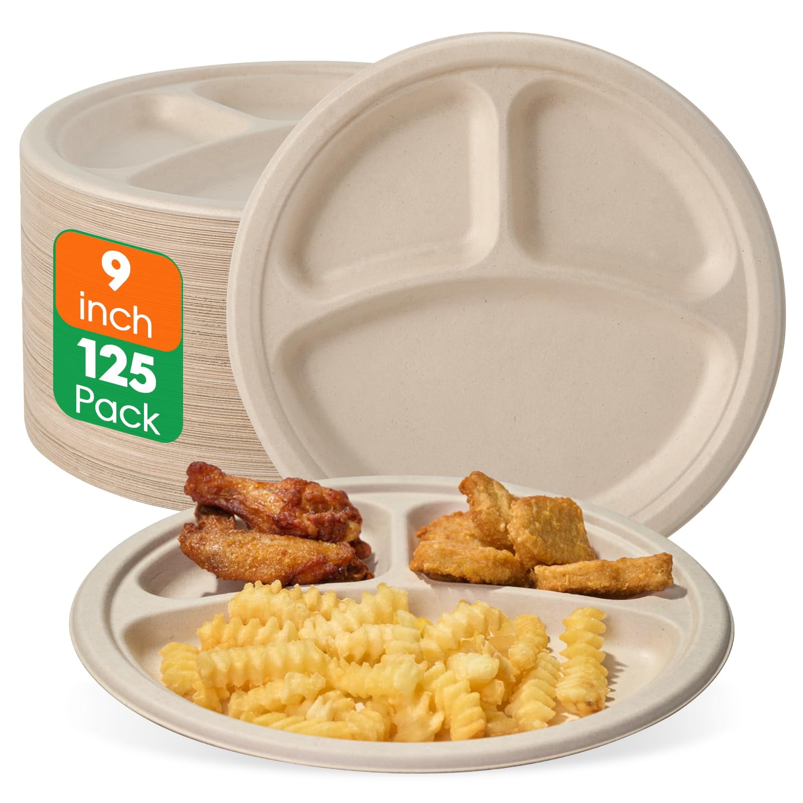 100% Compostable 5 Compartment Plates, 125 Pack Disposable Paper Plates ...