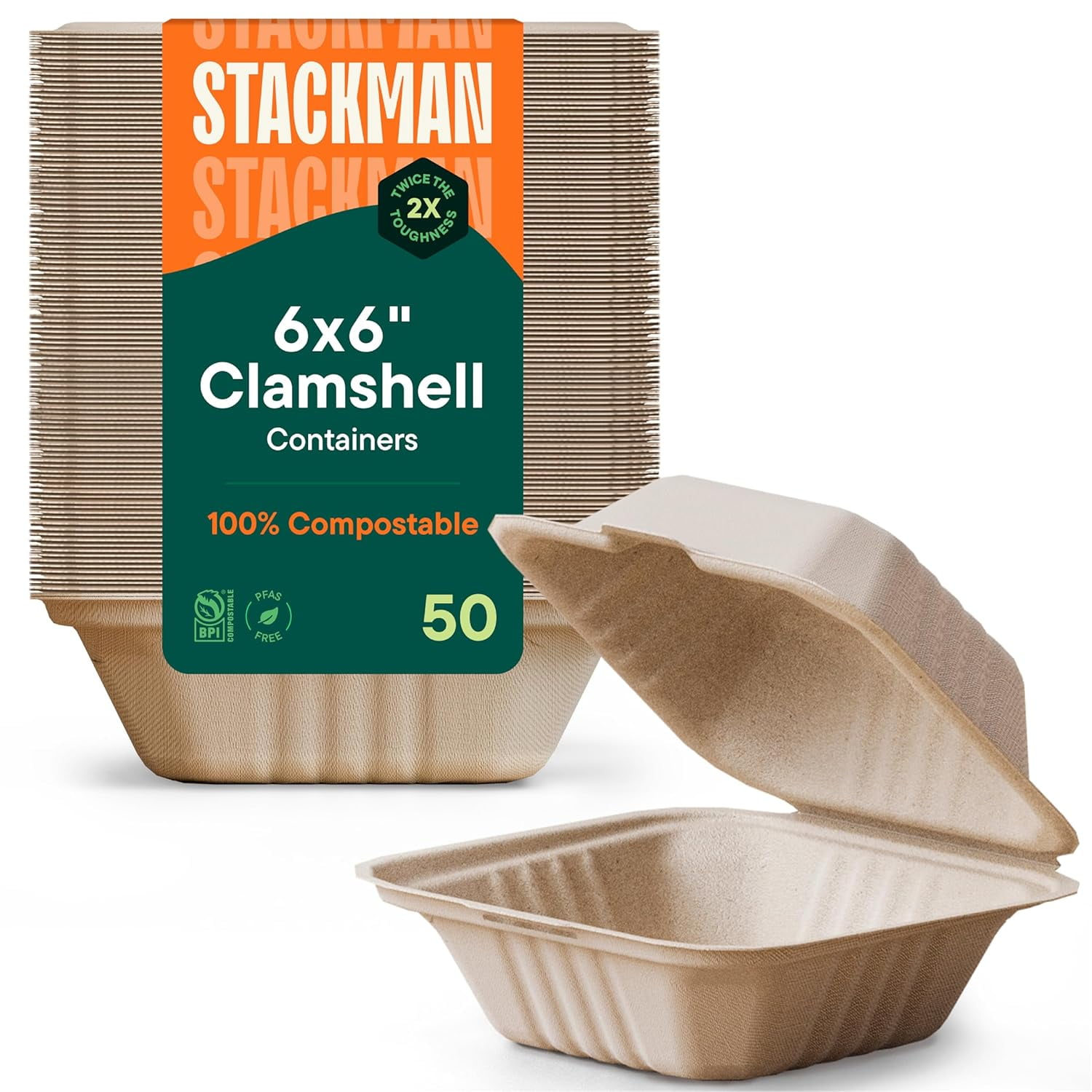 100% Compostable Clamshell Take Out Food Containers [6x6" 50-Pack ...