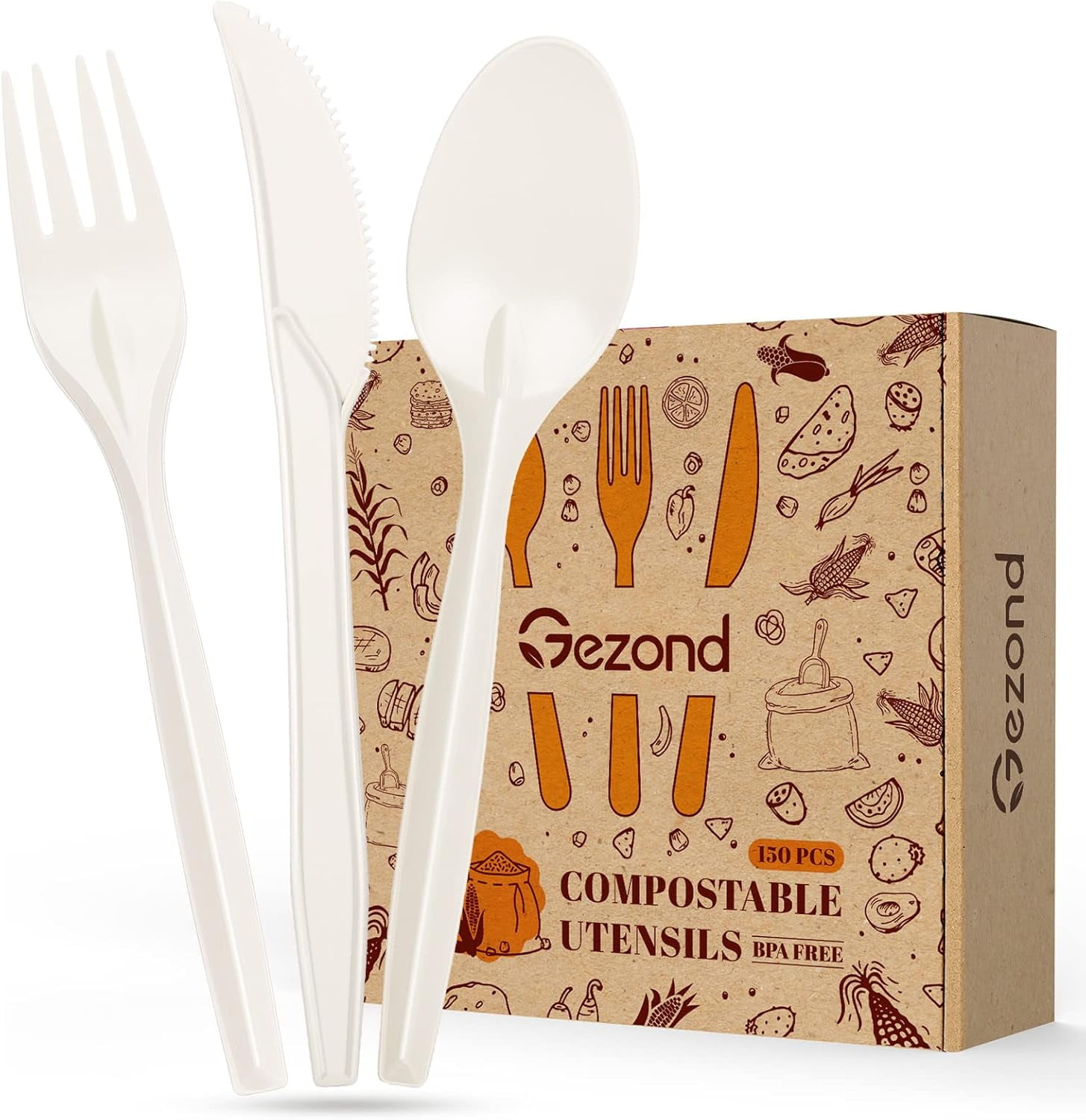 100% Compostable Cutlery Set 150 Pack Extra Long Disposable Cutlery ...