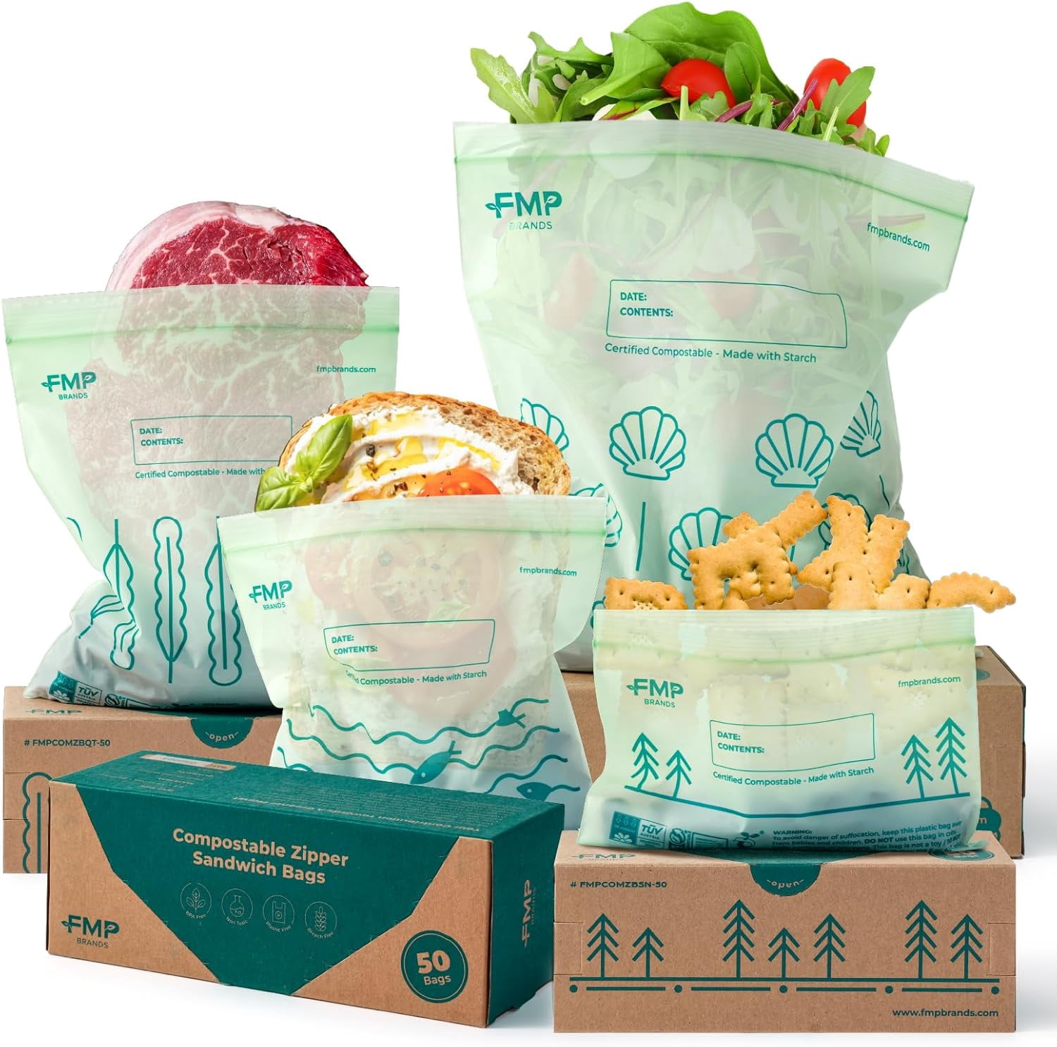 100% Compostable Food Storage Bags Set, Resealable Plant-Based Freezer ...