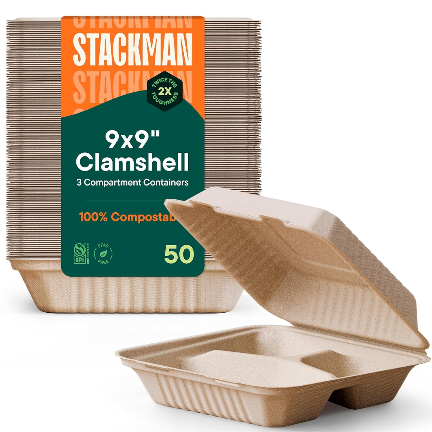 100% Compostable To Go Containers 9x9" 3-Compartment Clamshell Take Out ...