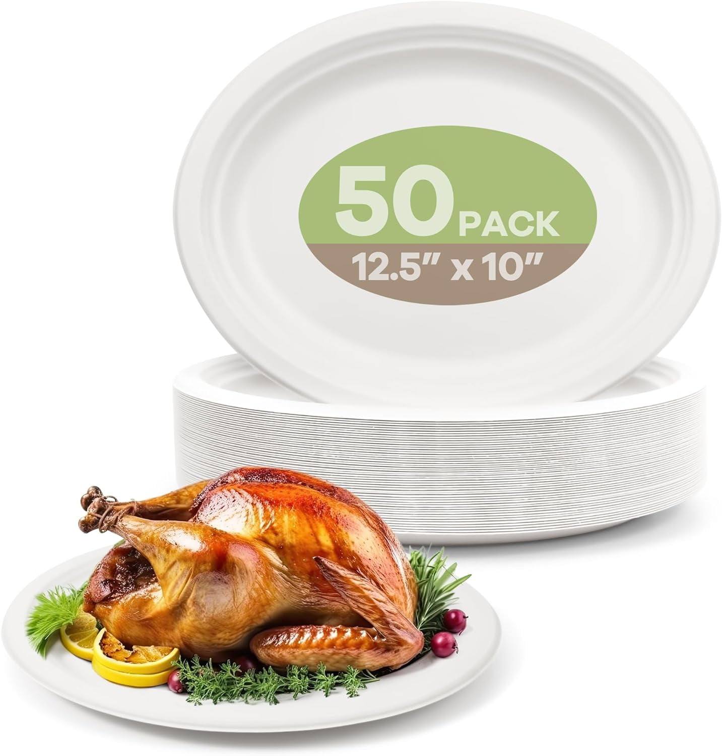 100% Compostable Oval Paper Plates, 12.5Inch 50Pack Disposable Heavy ...