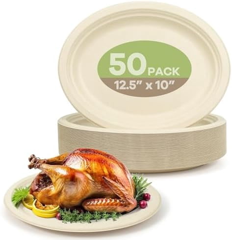 100% Compostable Oval Paper Plates, 12.5Inch 50Pack Disposable Heavy ...