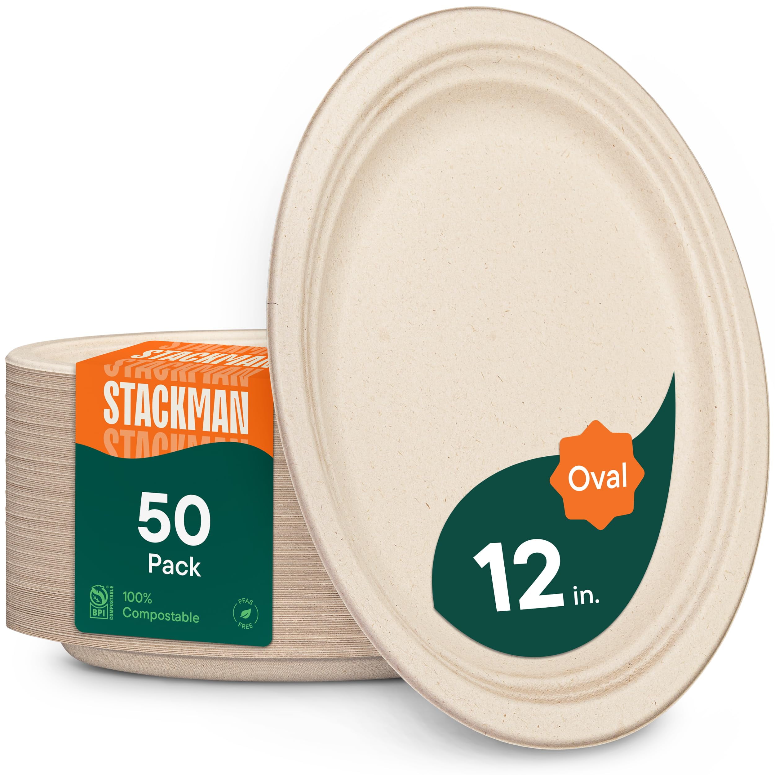 100% Compostable Oval Paper Plates [50-Pack] BSL1 - {PFAS-Free} - [12 ...