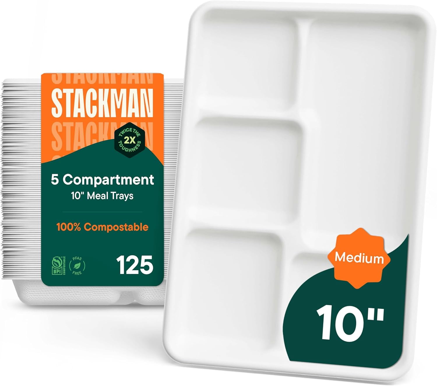 100% Compostable Paper Plate 125-Pack 5-Compartment Bagasse School ...