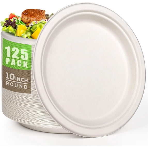 100% Compostable Paper Plates 10 Inch 125 Count Disposable Heavy-Duty ...