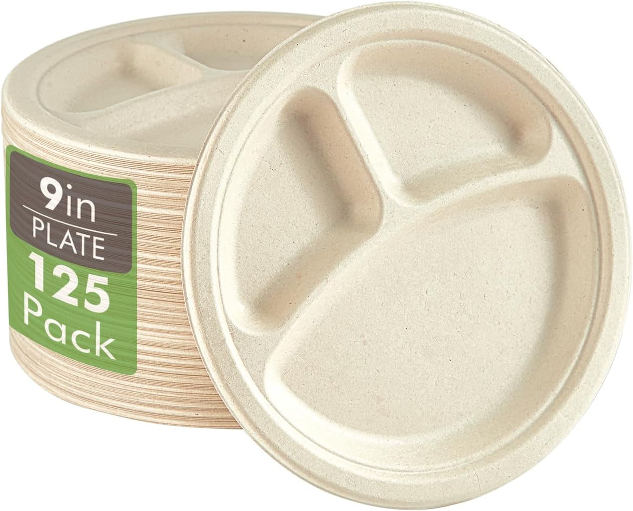 100% Compostable Paper Plates 125 Pack 9 Inch 3 Compartment Plates ...