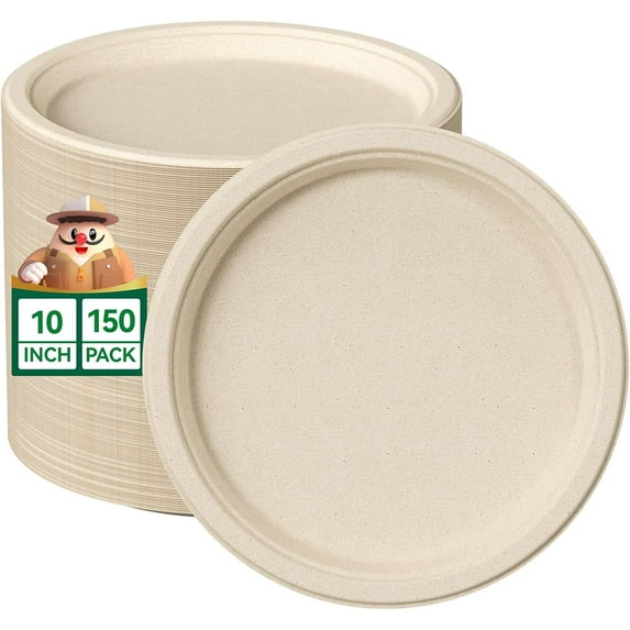 100% Compostable Paper Plates, 150 Pack 10 Inch Heavy Duty Plates ...