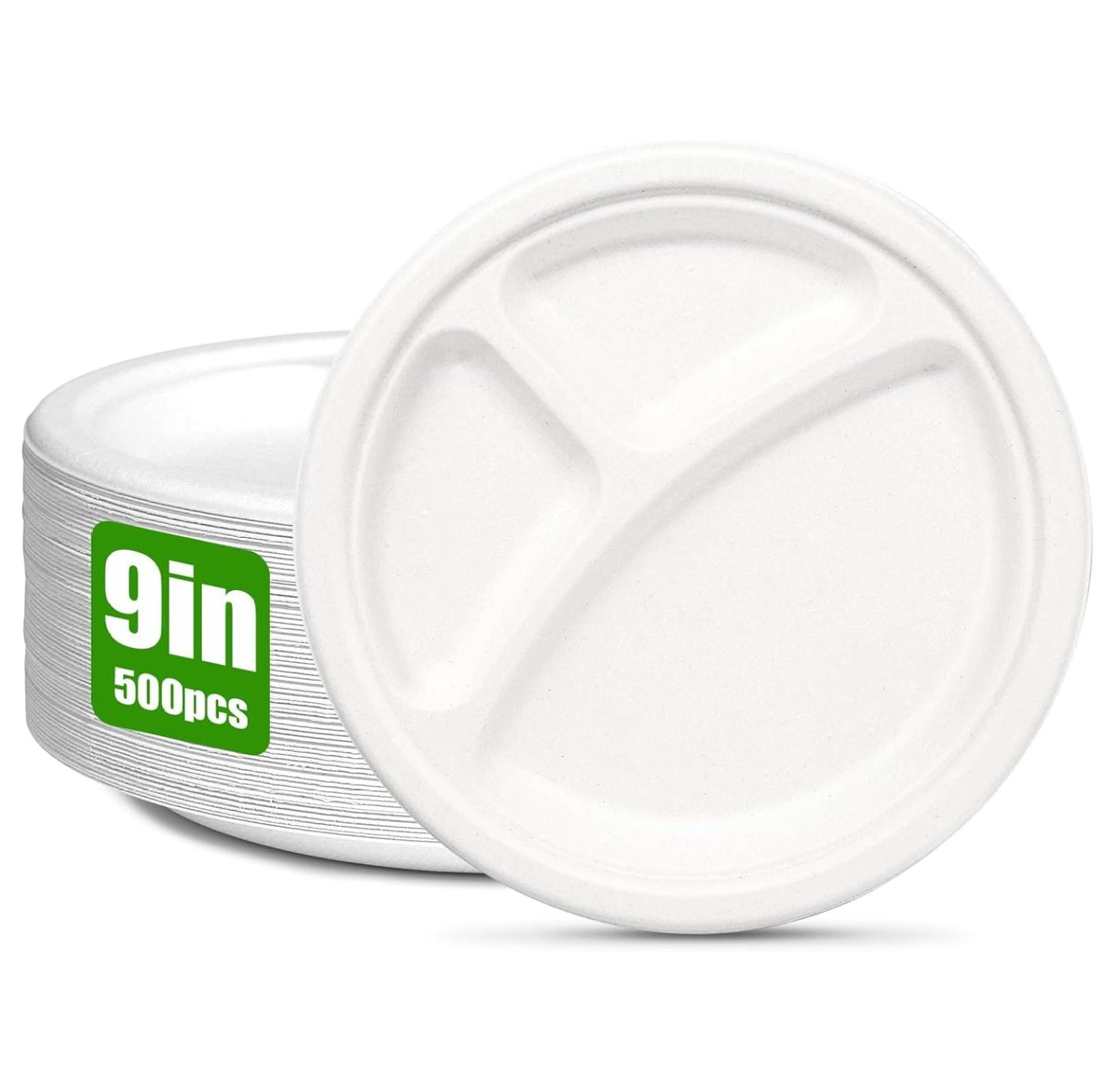 100% Compostable Paper Plates, 500 Pack 9 Inch 3 Compartment Disposable ...