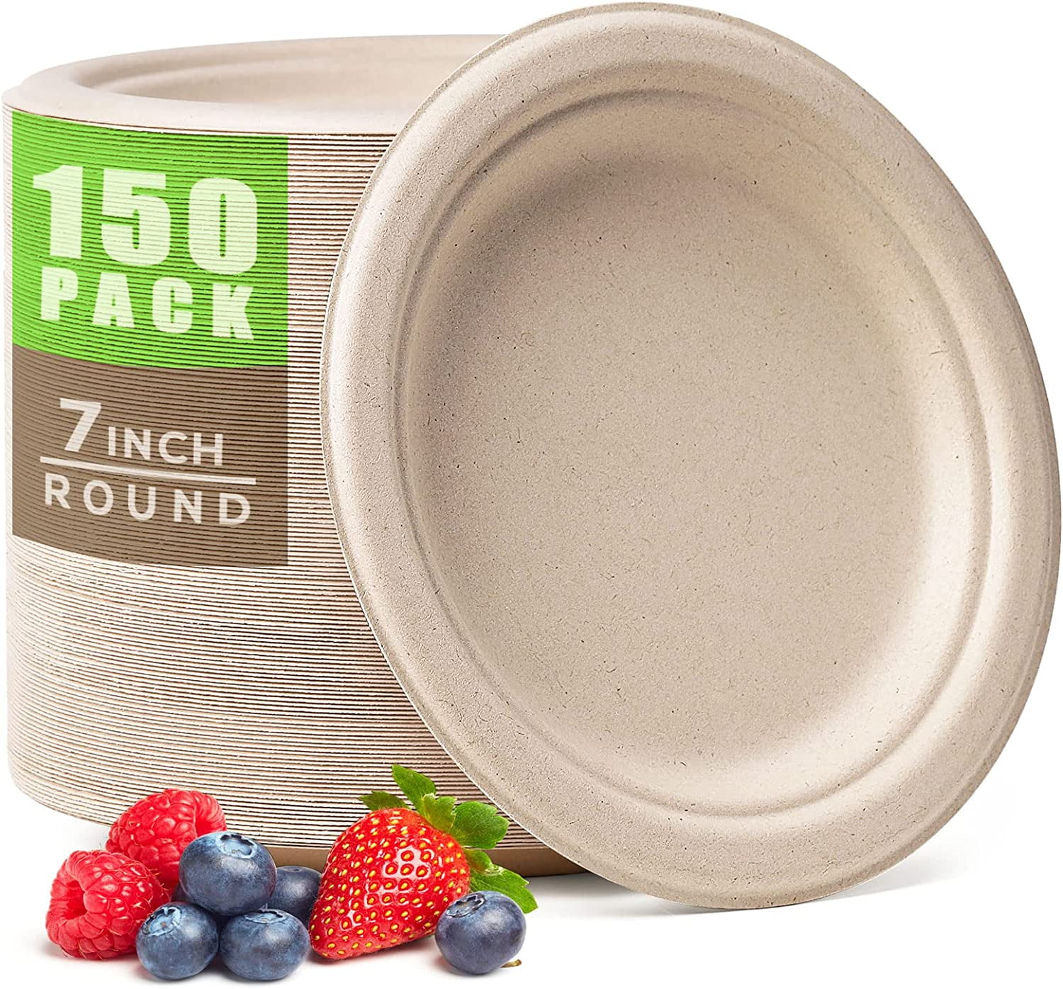 100% Compostable Paper Plates 7 Inch, 150pcs Disposable Heavy-Duty ...