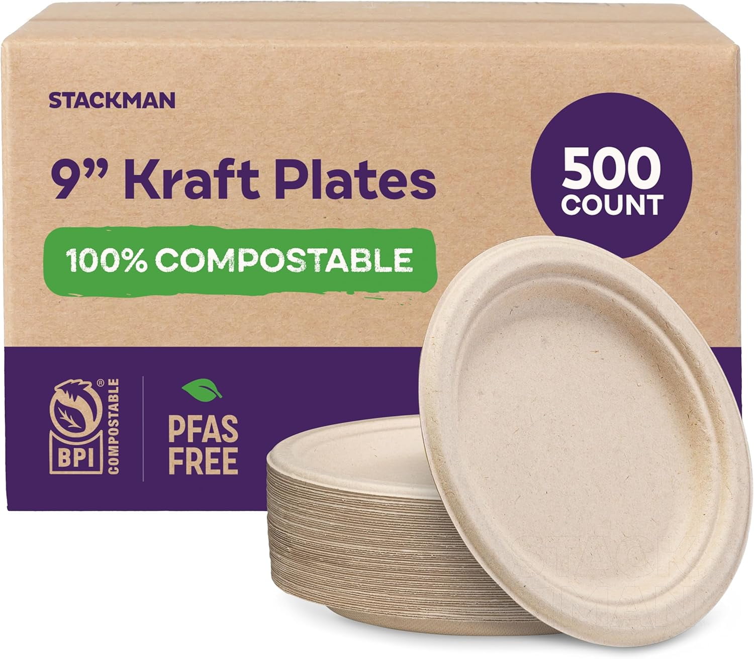 100% Compostable Paper Plates 9 Inch [500 Count] Heavy-Duty Dinner ...